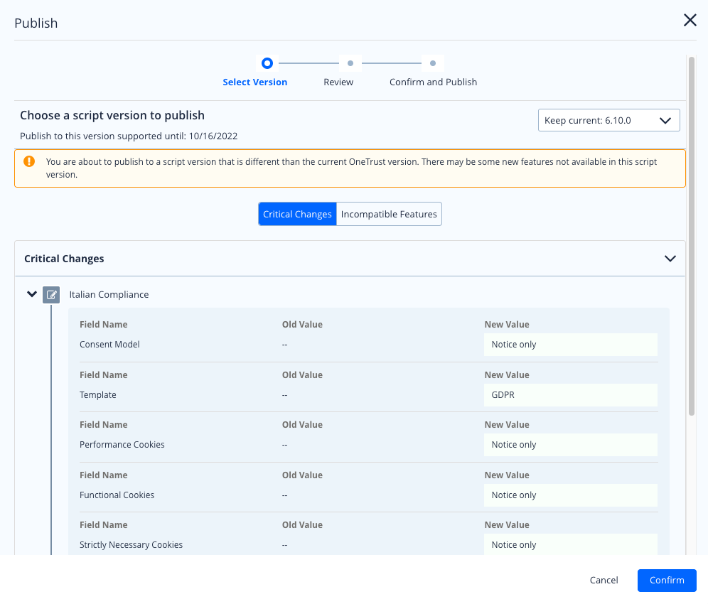 Restoring or Publishing Previous Script Versions | MyOneTrust