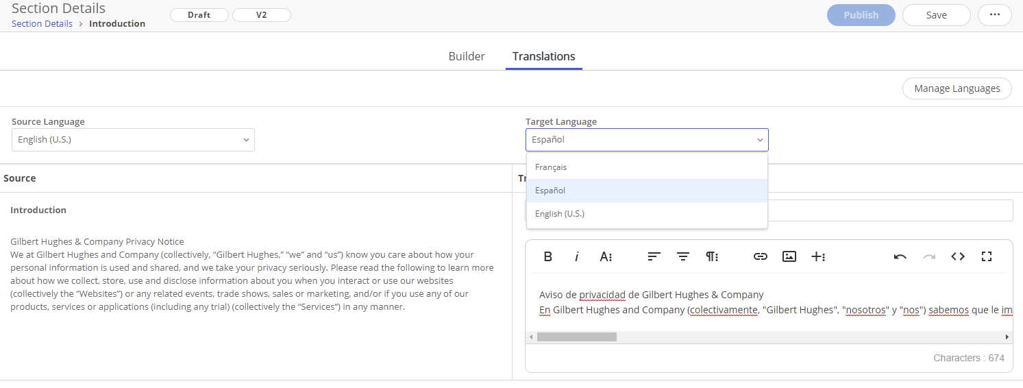Managing Section Template Translations | MyOneTrust