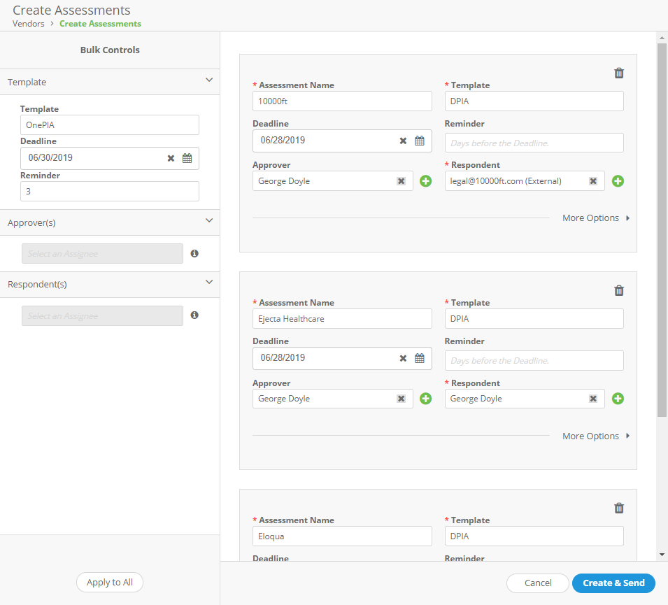 Launching Assessments in Bulk | MyOneTrust