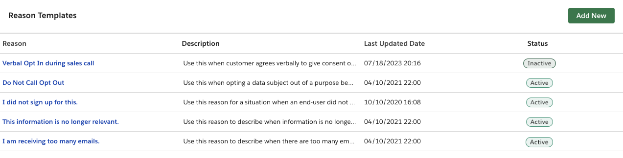 Managing Reason Templates | MyOneTrust