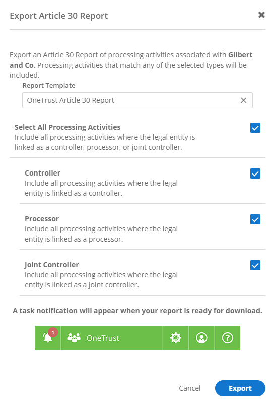 Exporting Article 30 Reports from Legal Entities | MyOneTrust