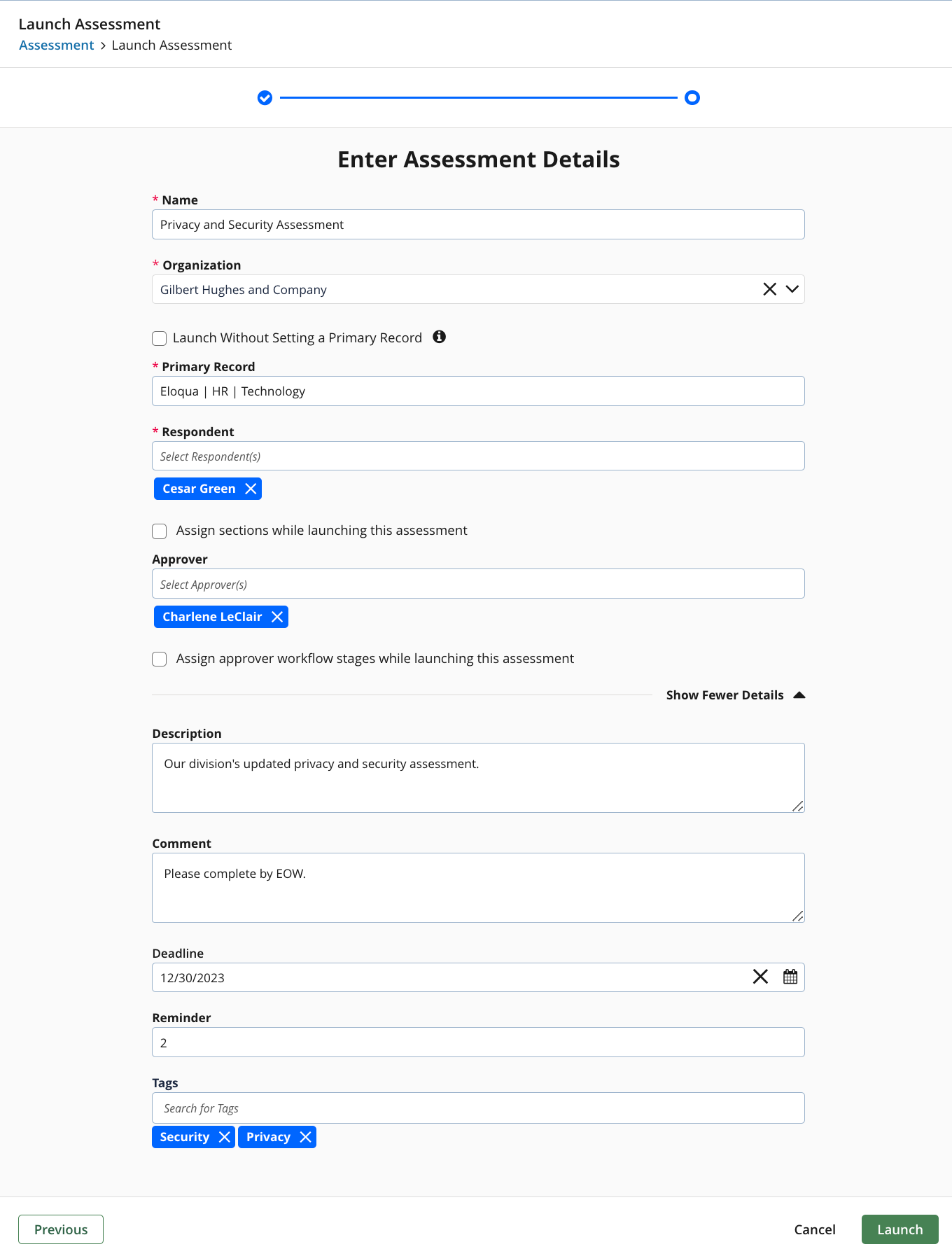 Launching Assessments | MyOneTrust