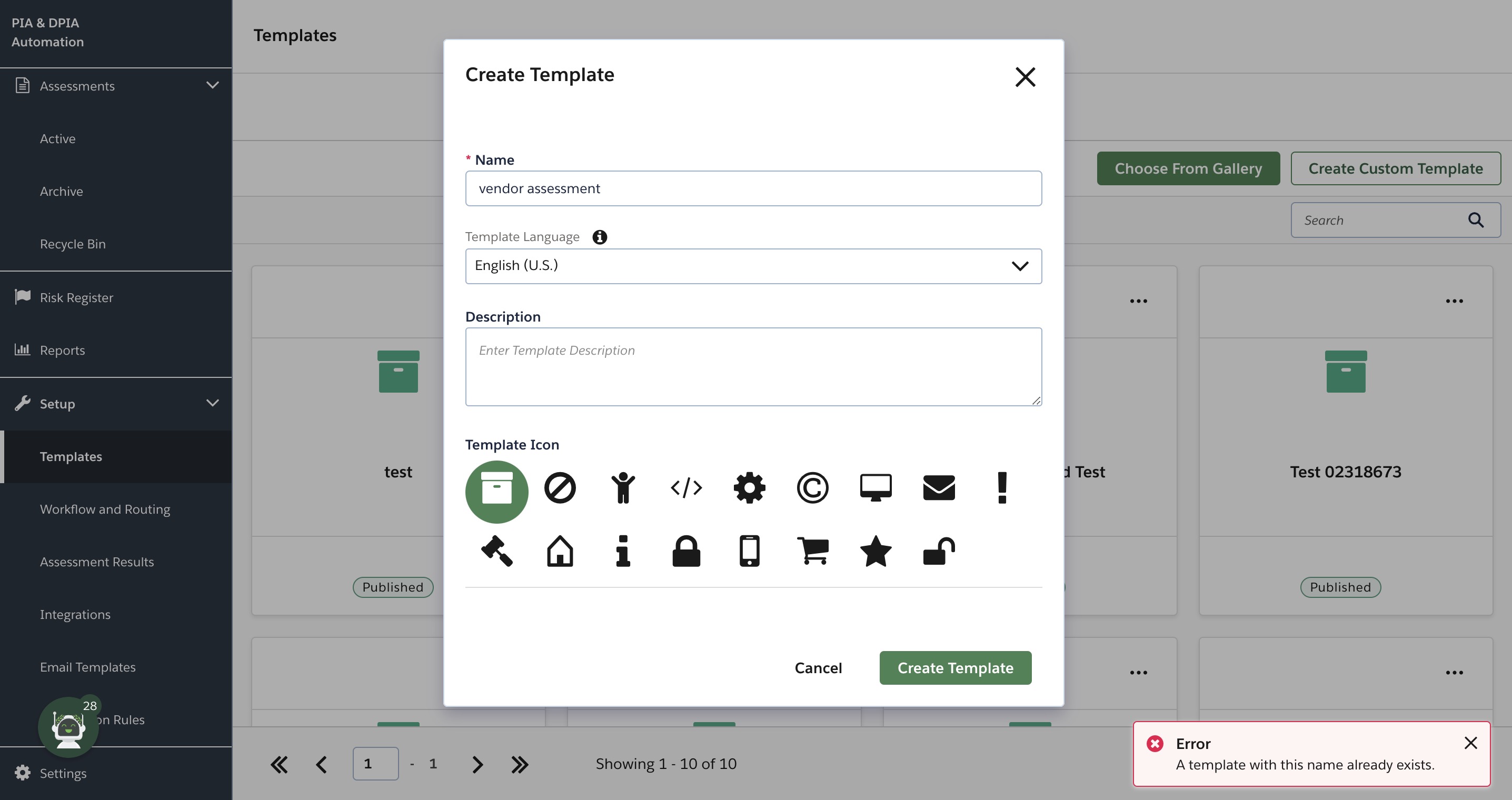 Template With This Name Already Exists Error | MyOneTrust