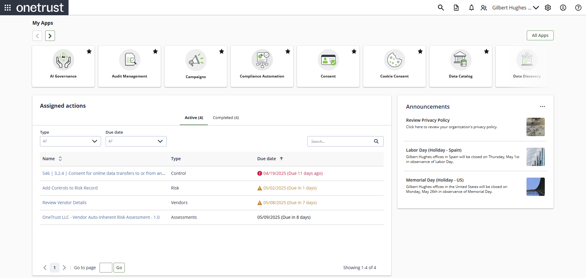 Using the OneTrust Platform Homepage | MyOneTrust